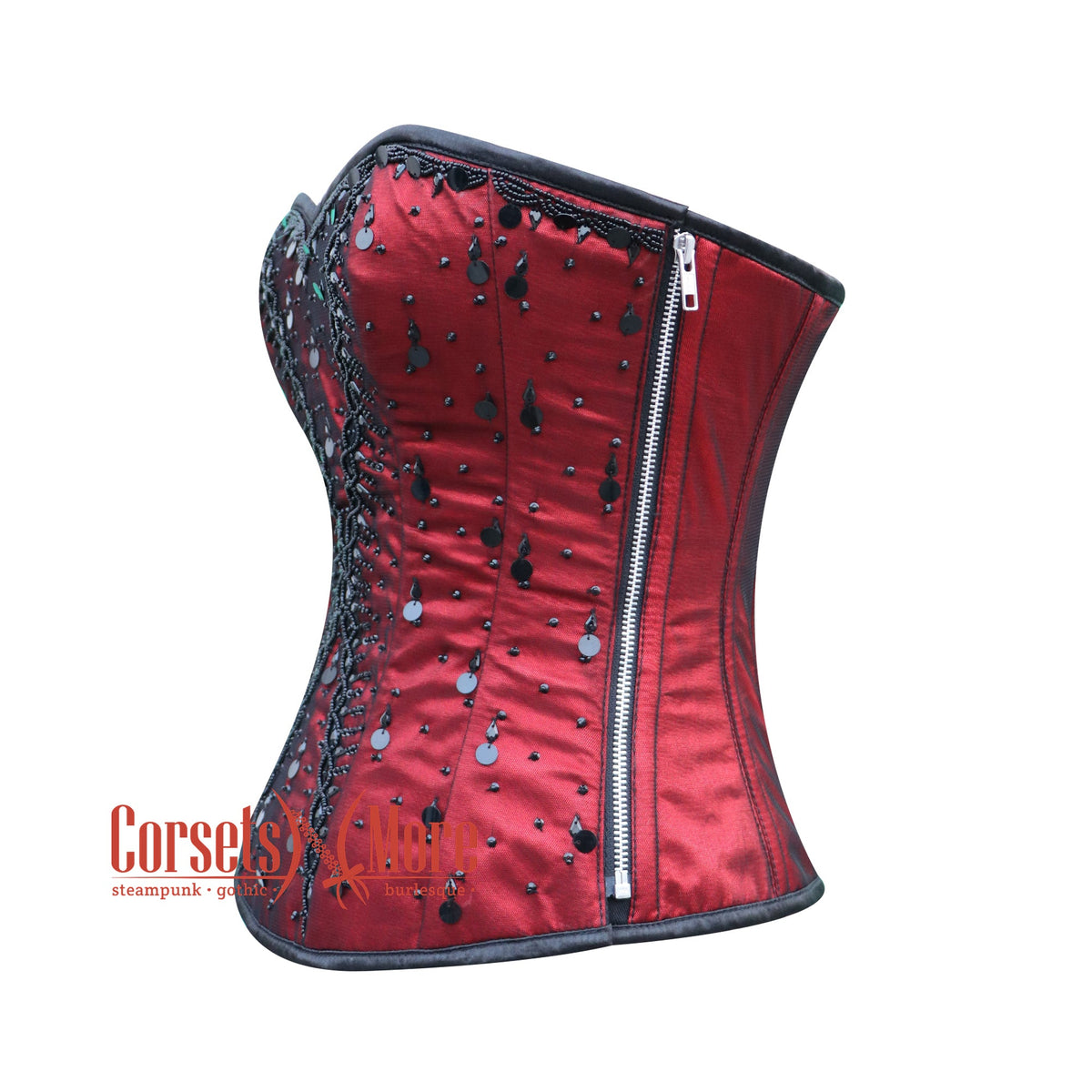 Red Satin With Black Sequins Burlesque Gothic Overbust Corset Bustier