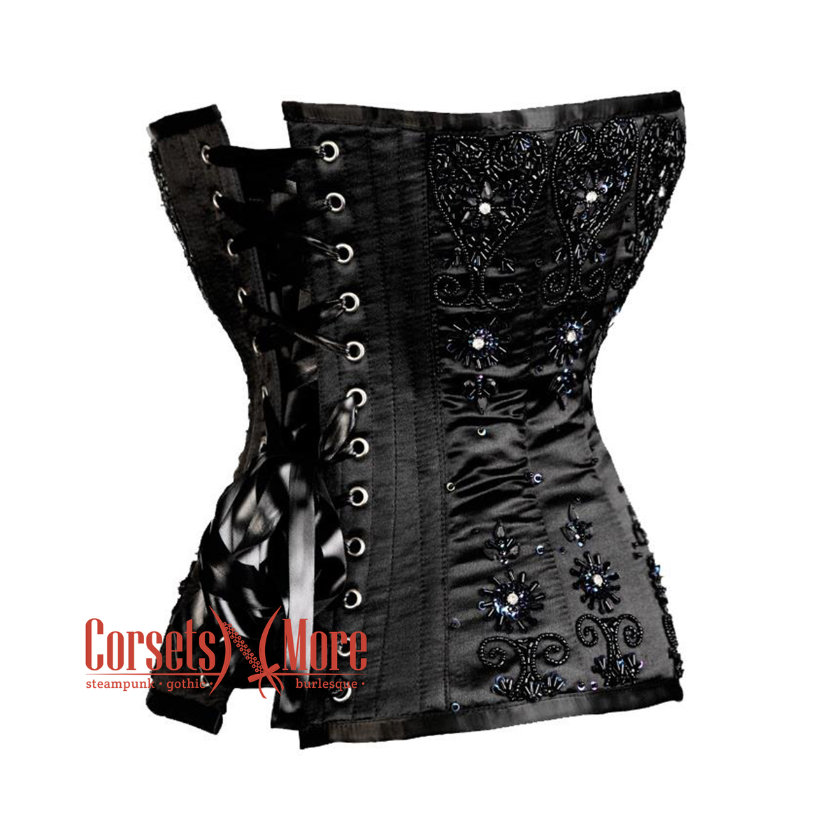 Black Satin With Sequins Work Overbust Corset Top Gothic Burlesque ...