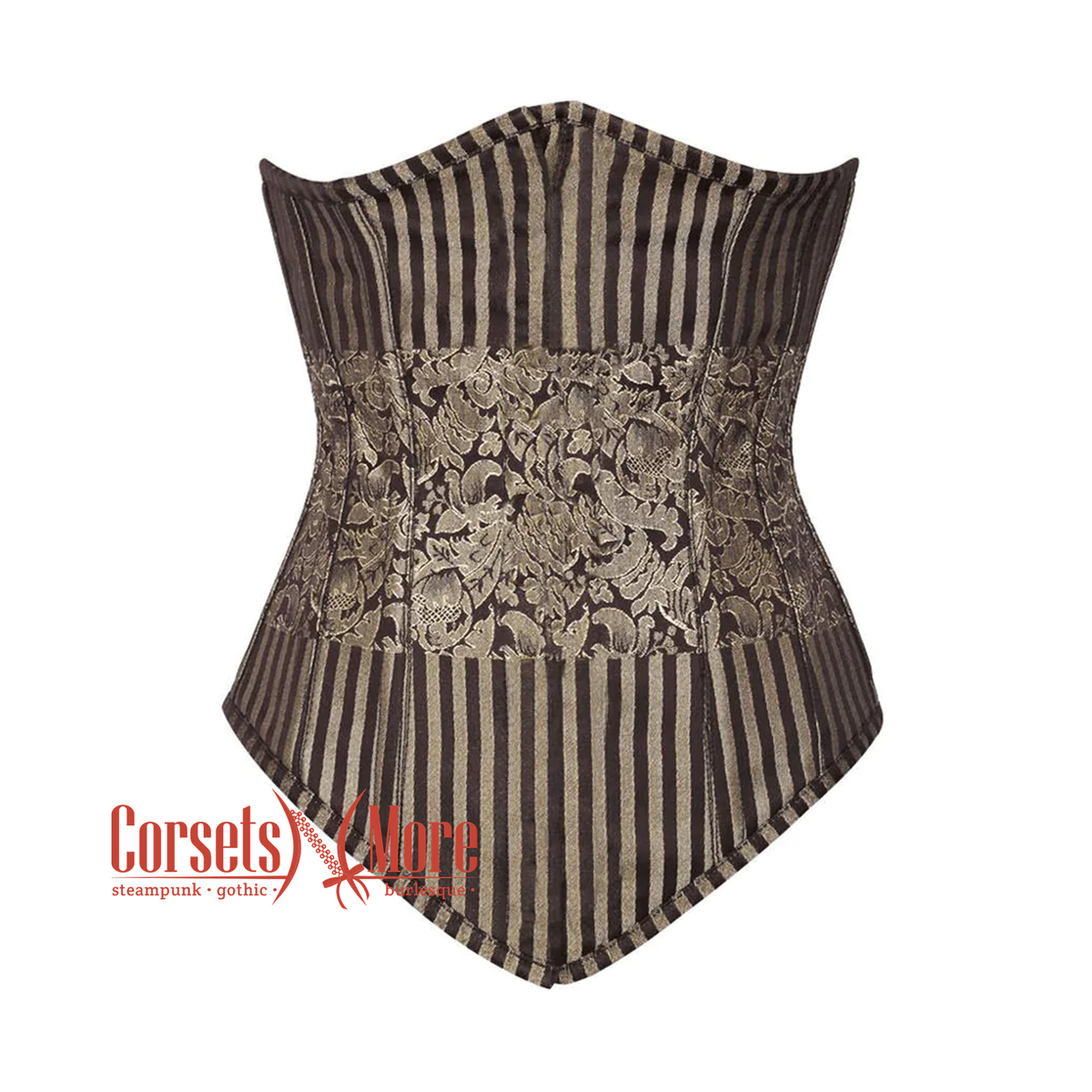 Brown and Golden Brocade With Front Close Gothic Long Underbust Corset ...