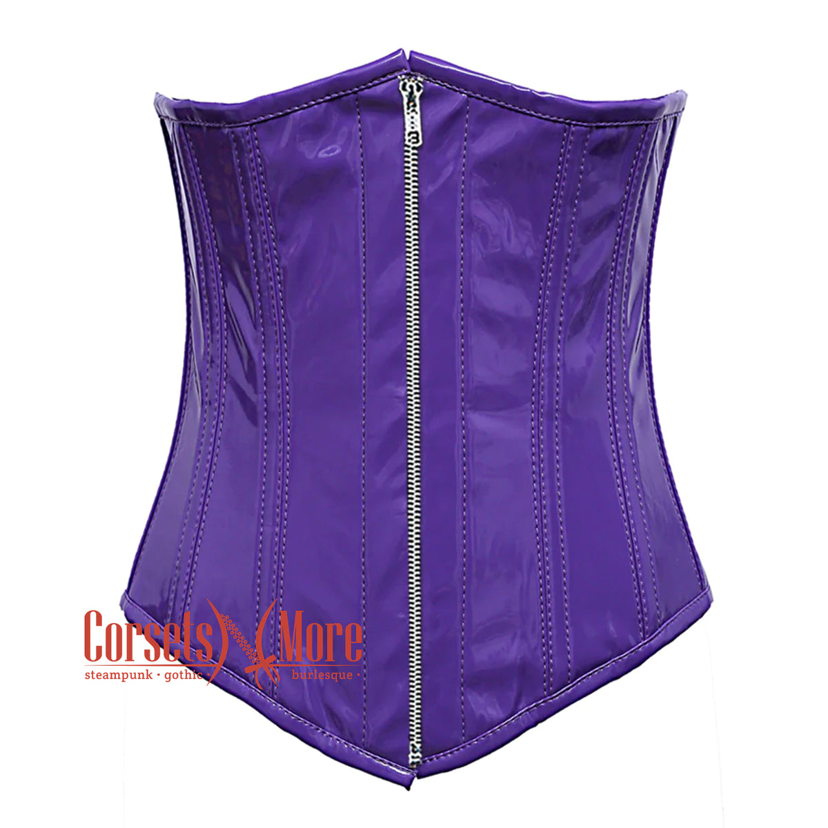 Purple PVC Leather With Front Silver Zipper Long Underbust Corset ...