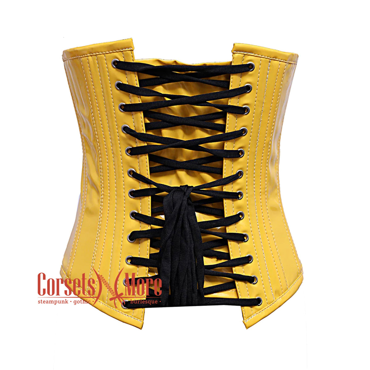 Plus Size Yellow PVC Leather Front Silver Busk Long Underbust Corset ...