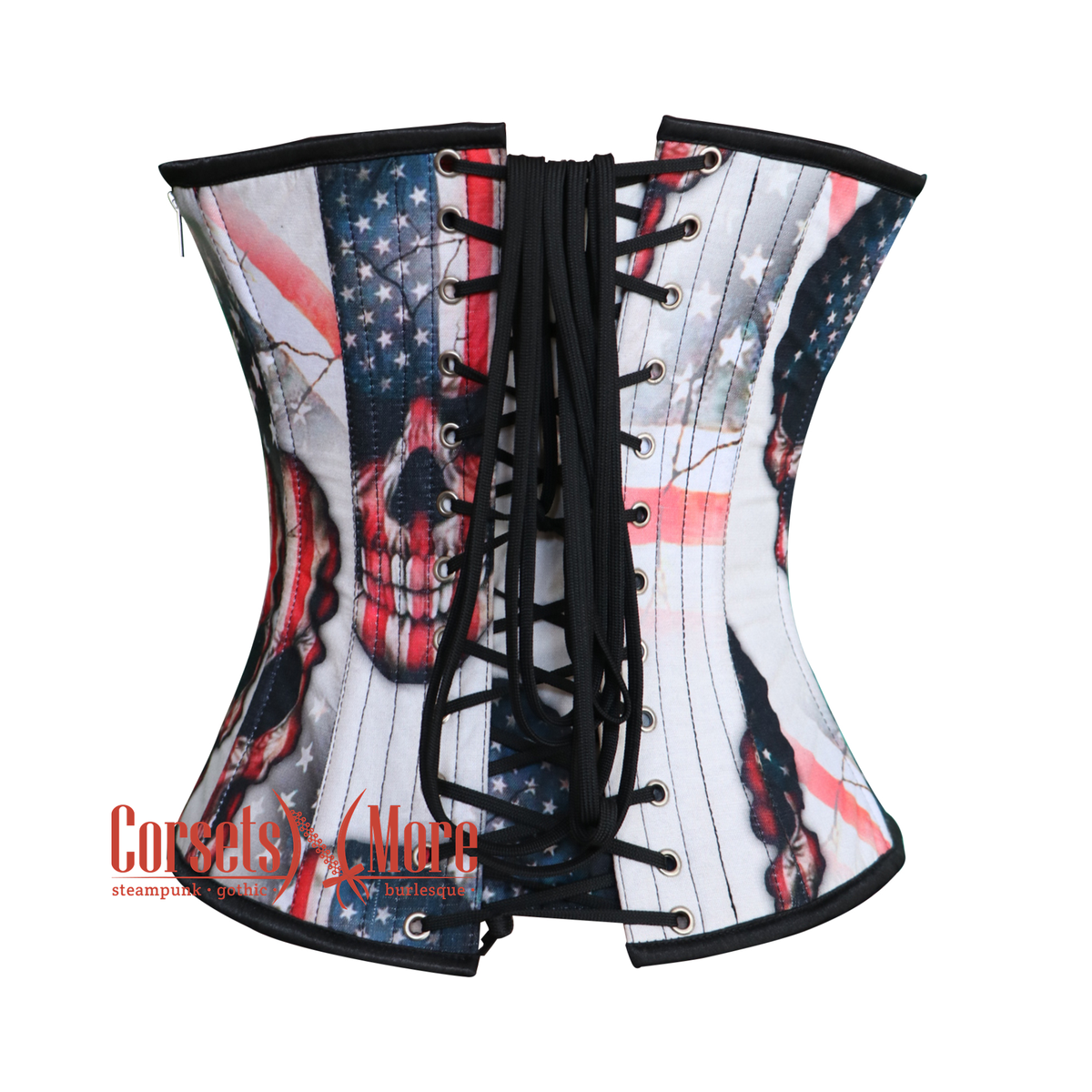 USA Flag Print Skull Cotton Gothic Overbust Burlesque Haunted Corset T ...