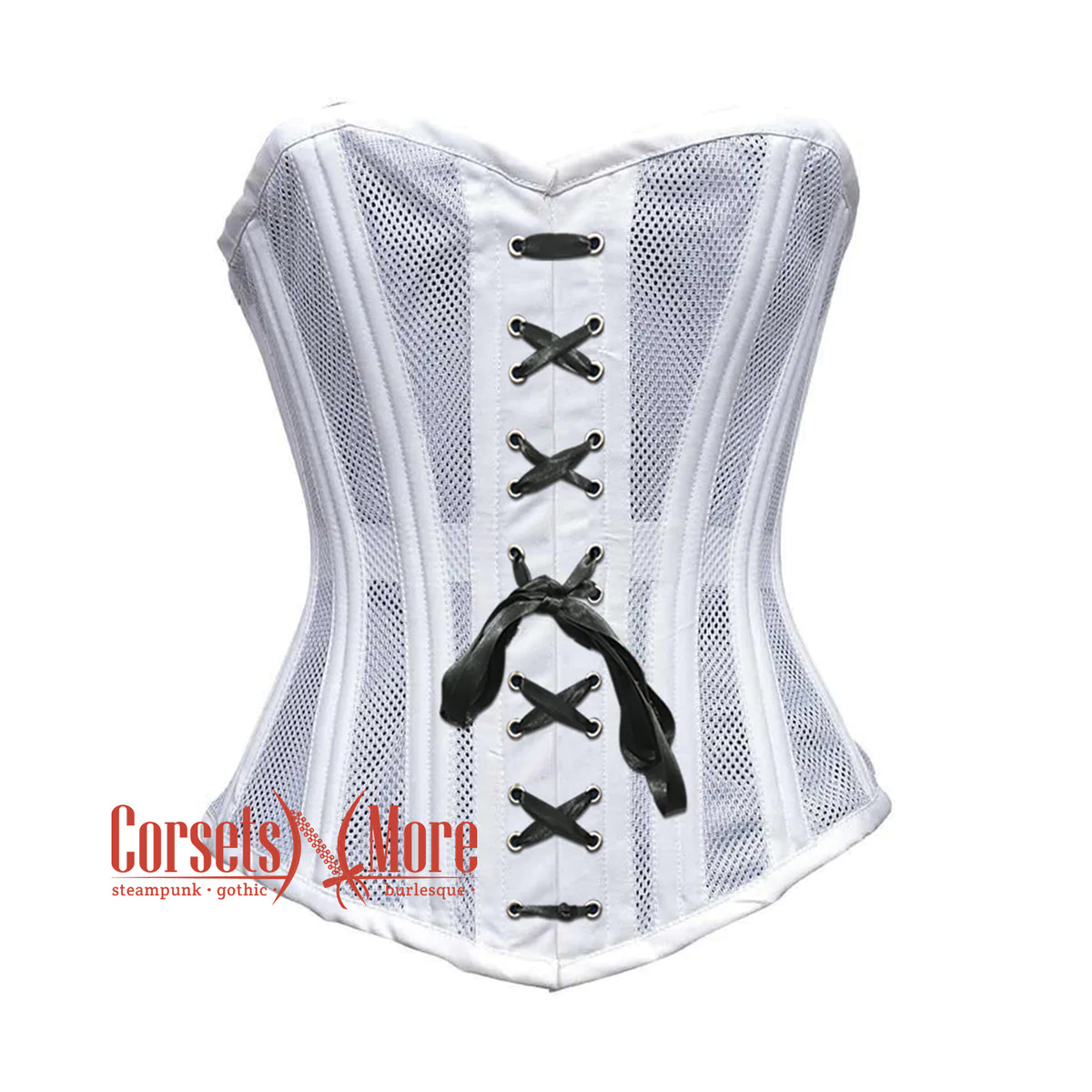 White Satin With Mesh Double Bone Burlesque Gothic Overbust Corset ...