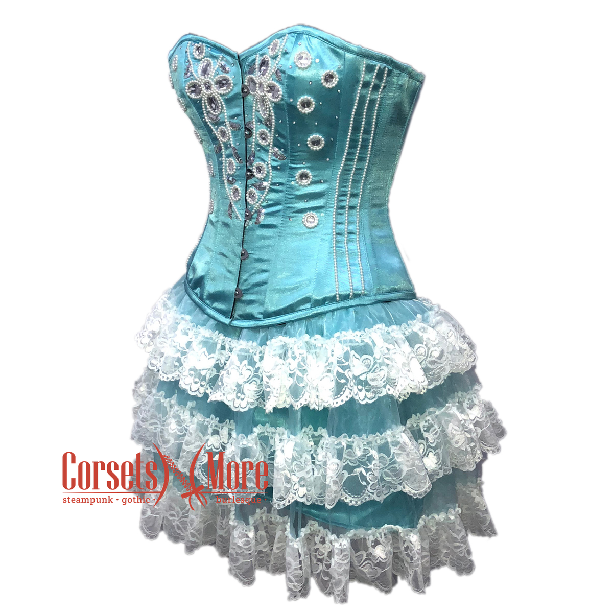 Turquoise Satin Silver Sequins Burlesque Dress Corset Gothic Overbust ...